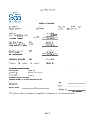 Sea residences 1530 f phase 3 template | XLS