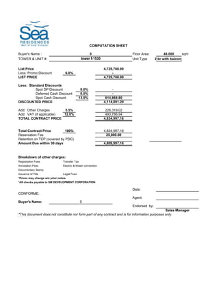 Sea residences 1530 f phase 3 template | XLS