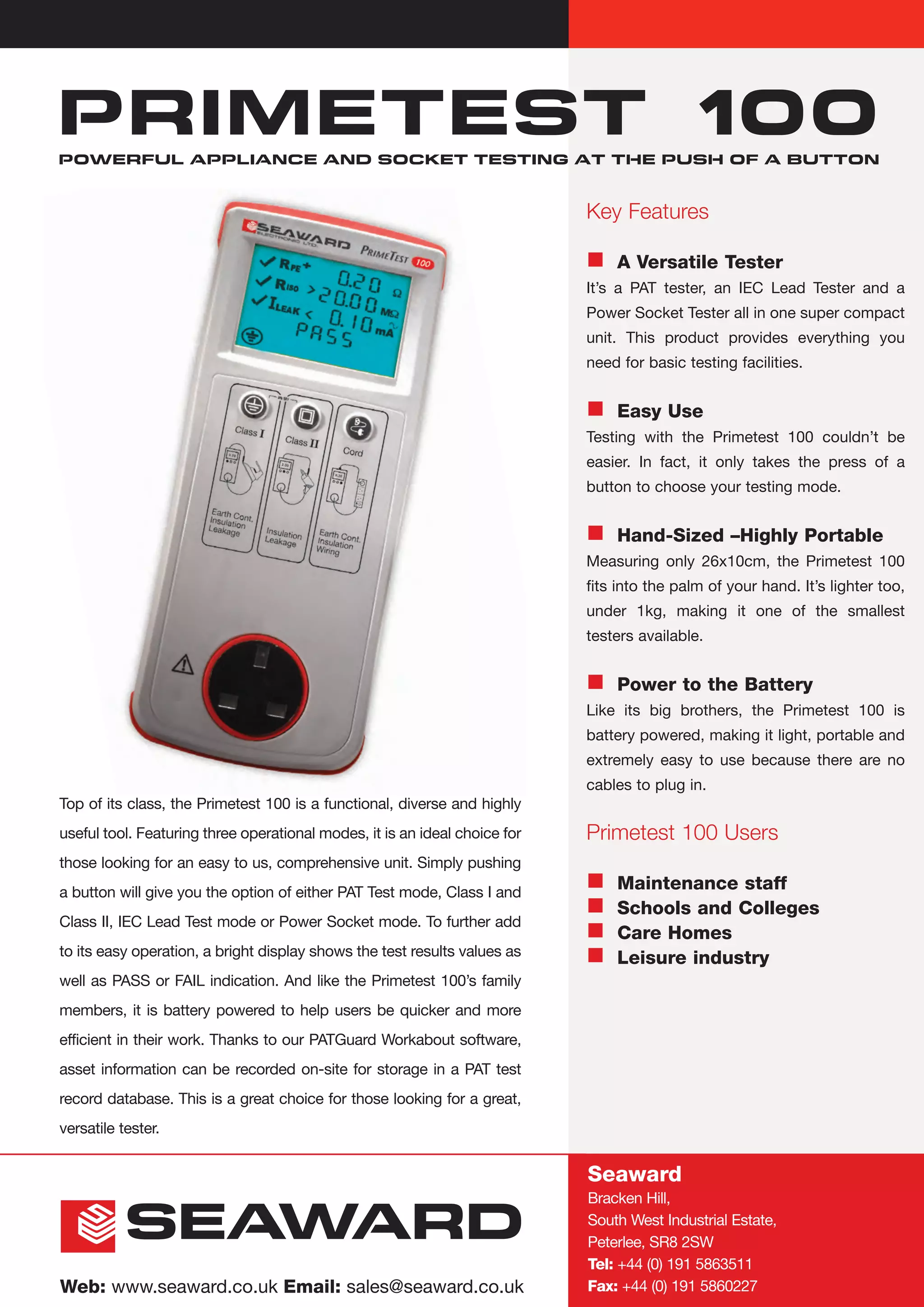 Seaward PrimeTest 100 Handheld PAT Tester - Electrical Safety Portable ...