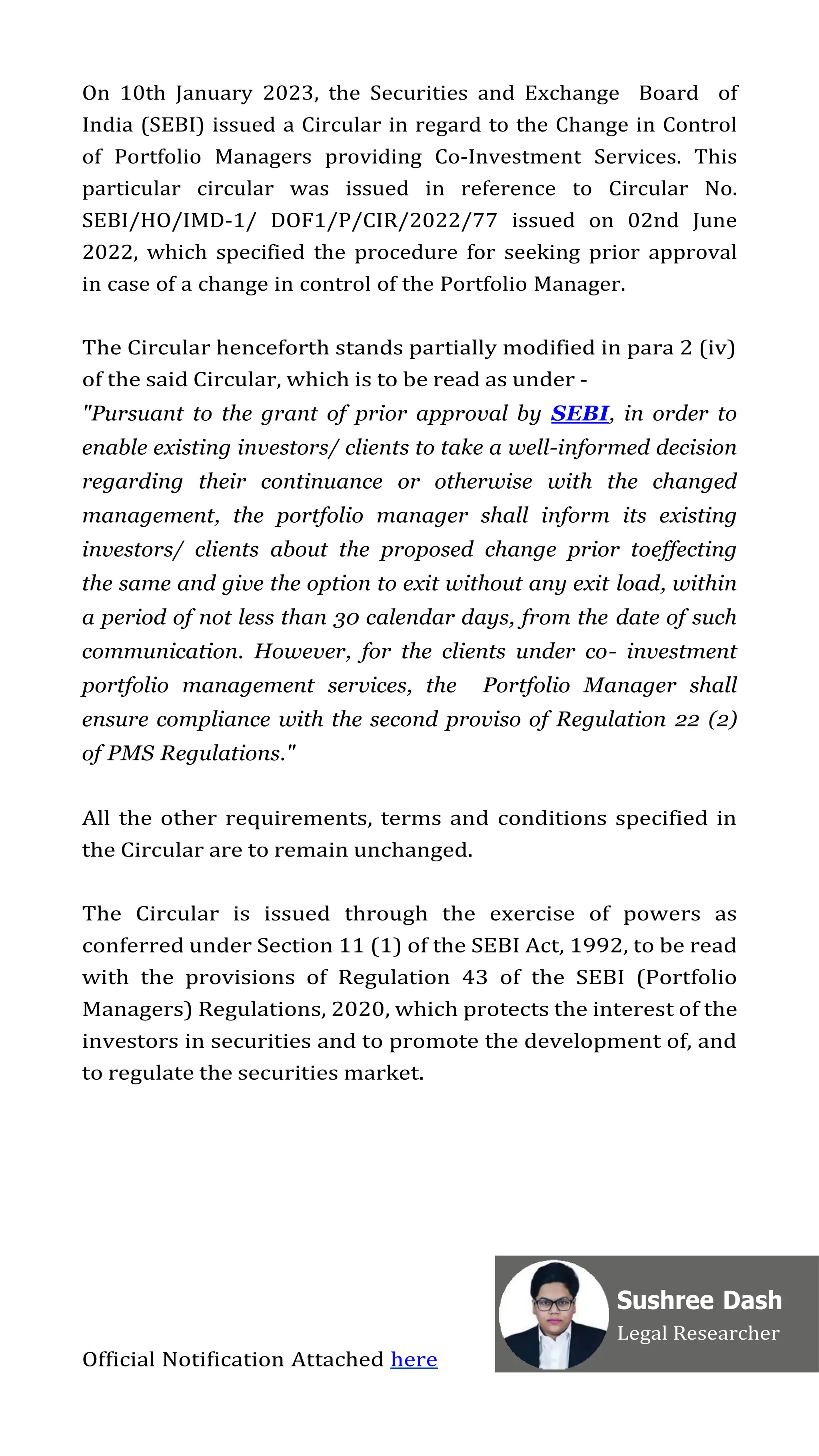 SEBI Circular: Portfolio Managers'Control Change | PDF