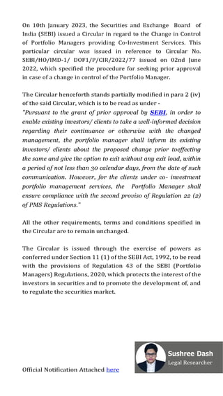 SEBI Circular: Portfolio Managers'Control Change | PDF
