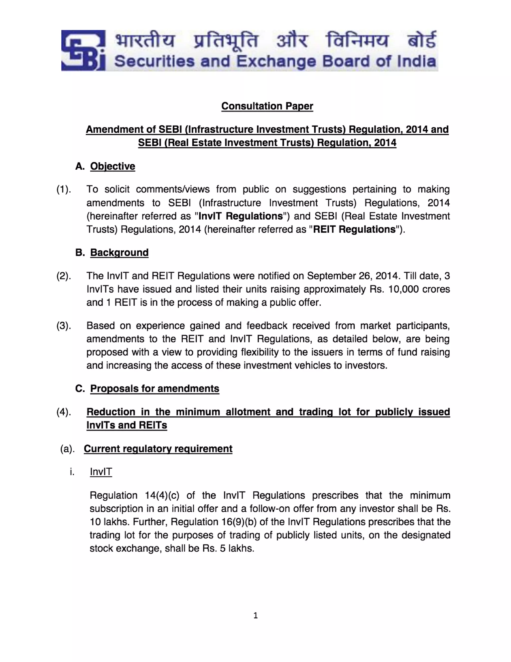 SEBI _ Consultation paper for Amendment of SEBI (Infrastructure ...