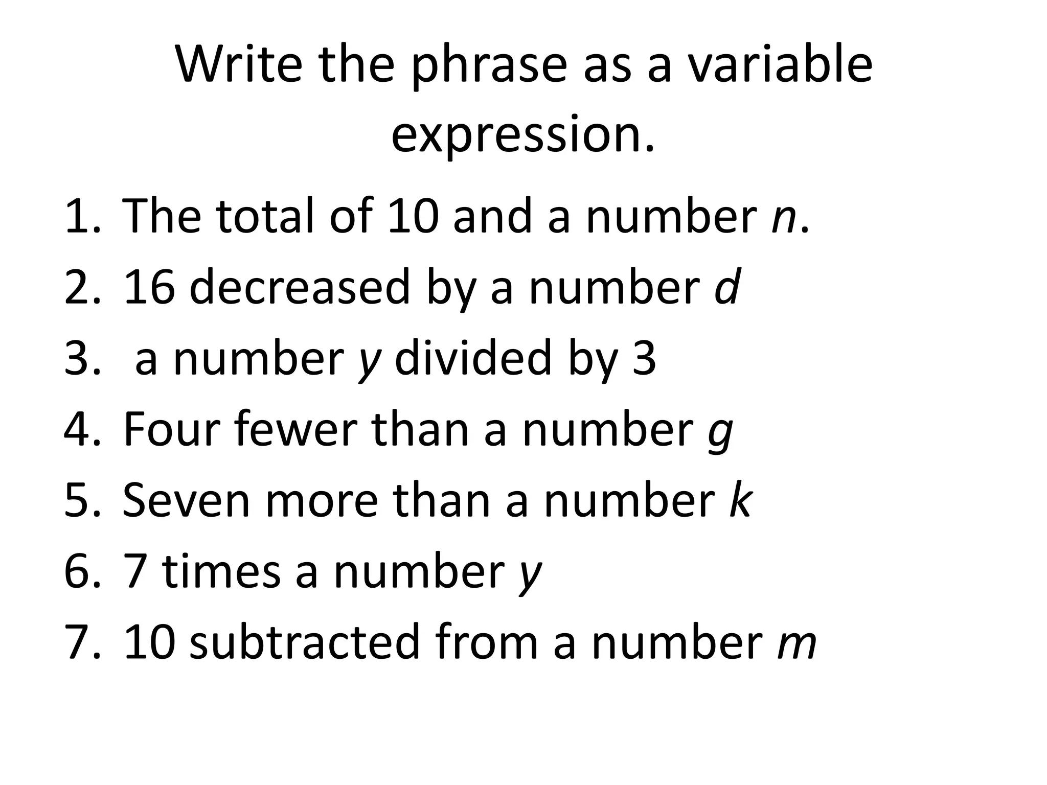 Sec. 12.1 write variable expressions and equations | PPTX