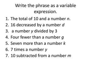 Sec. 12.1 write variable expressions and equations | PPTX