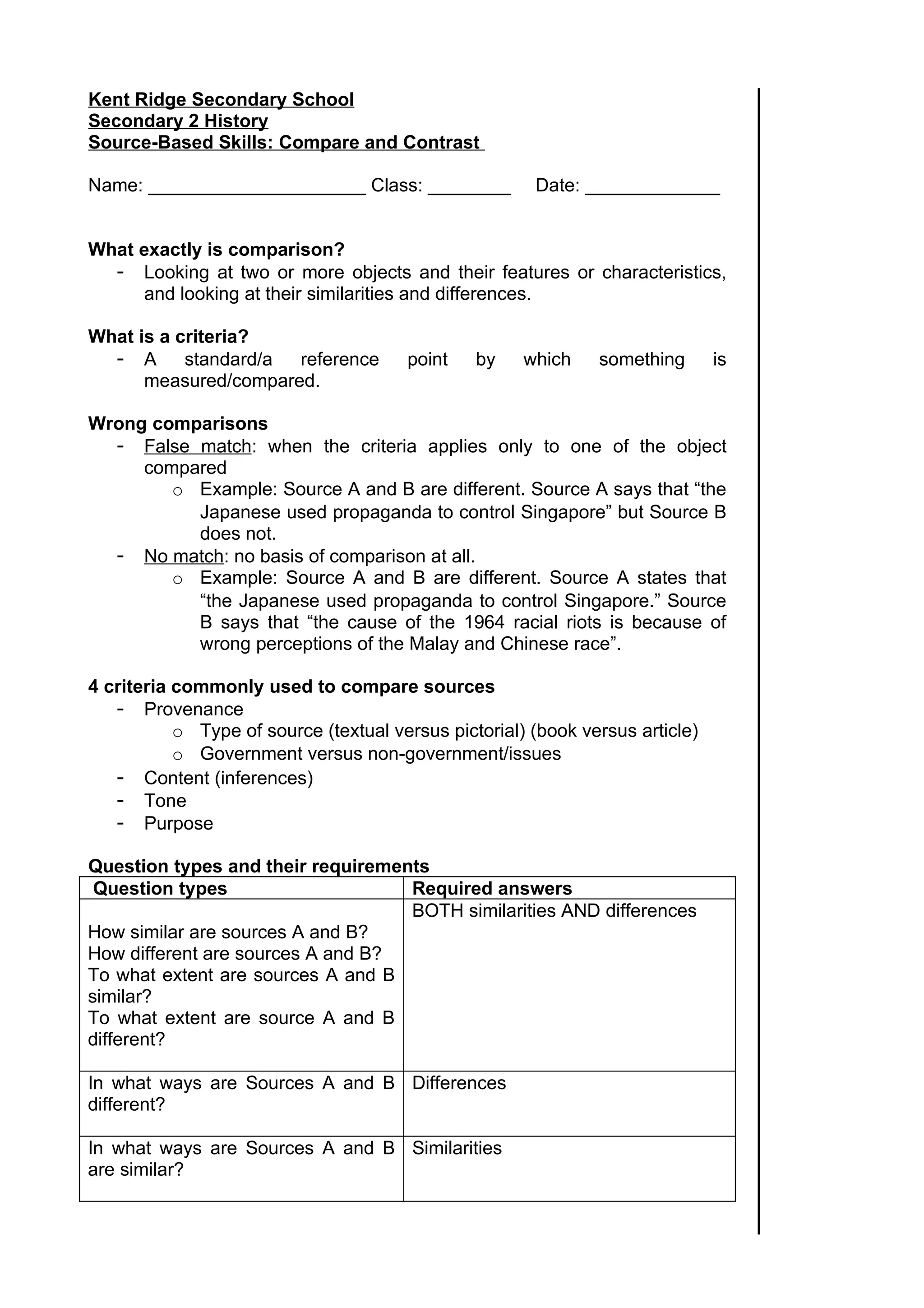 Sec 2 History SBQ Skill: Compare and Contrast notes | DOC