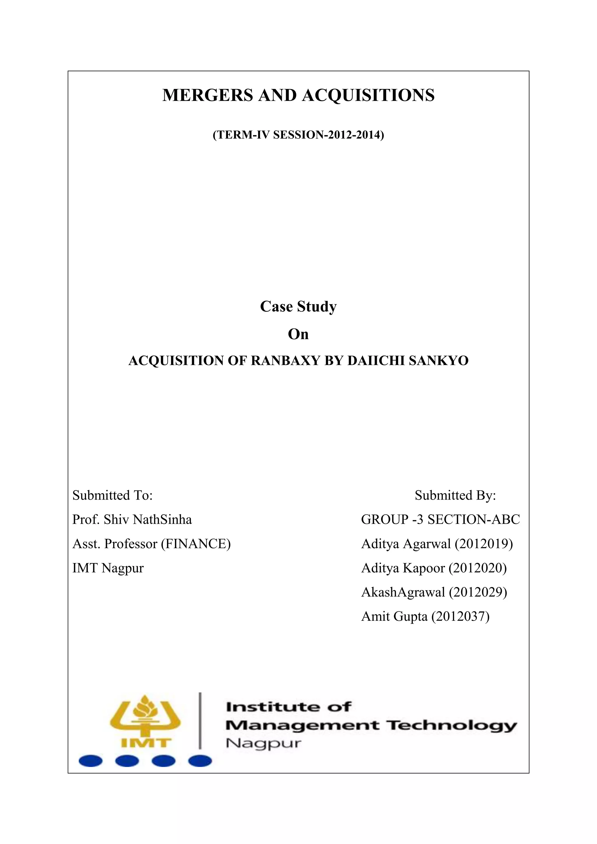 Case of Daiichi Sankyo takeover of Ranbaxy | DOCX