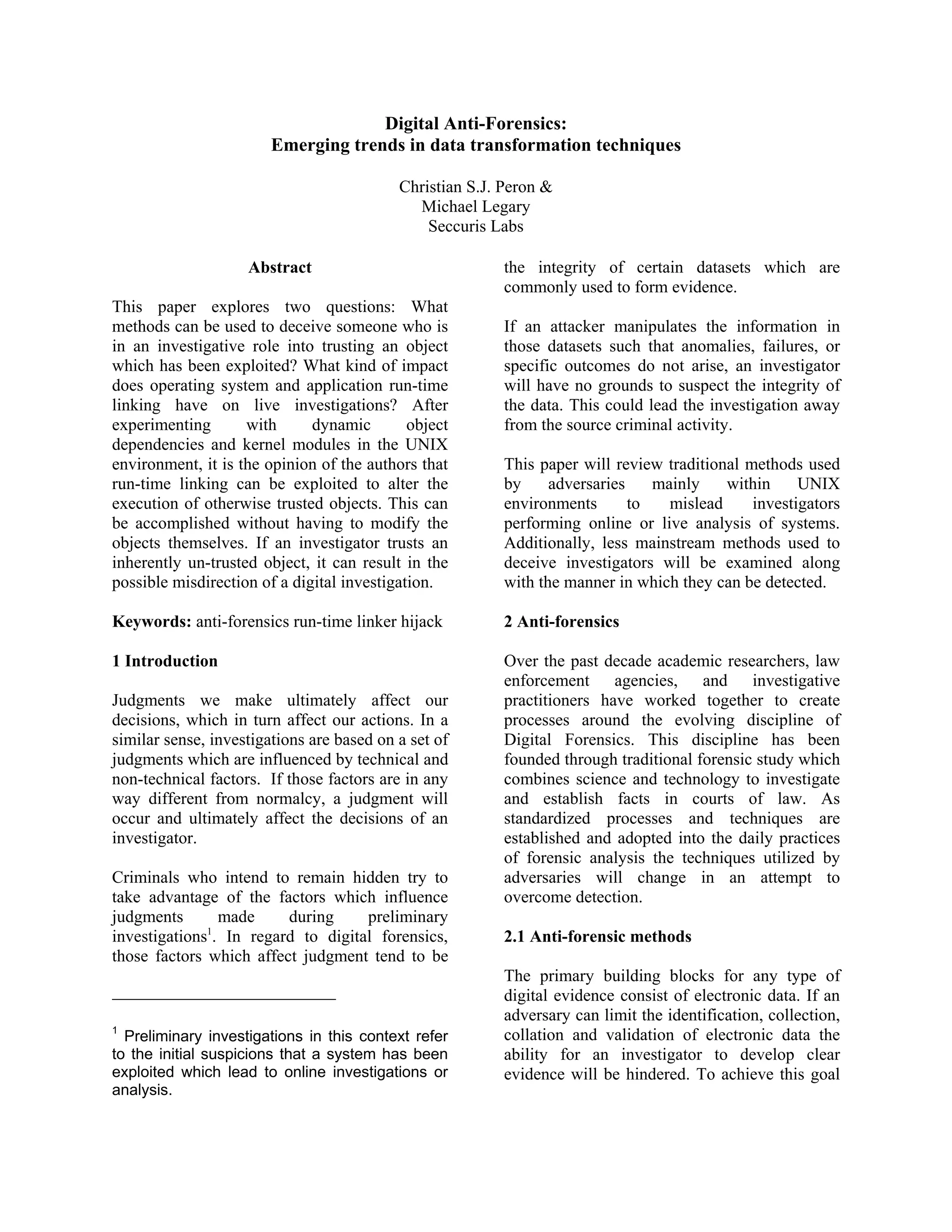 Digital Anti-Forensics: Emerging trends in data transformation ...