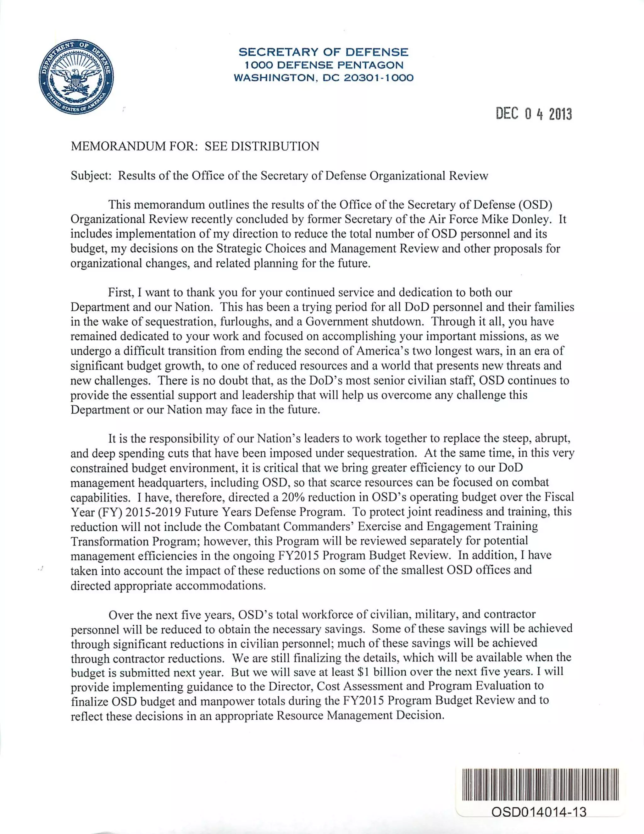SECDEF memo on DOD Org Changes Dec 4, 2013 | PDF