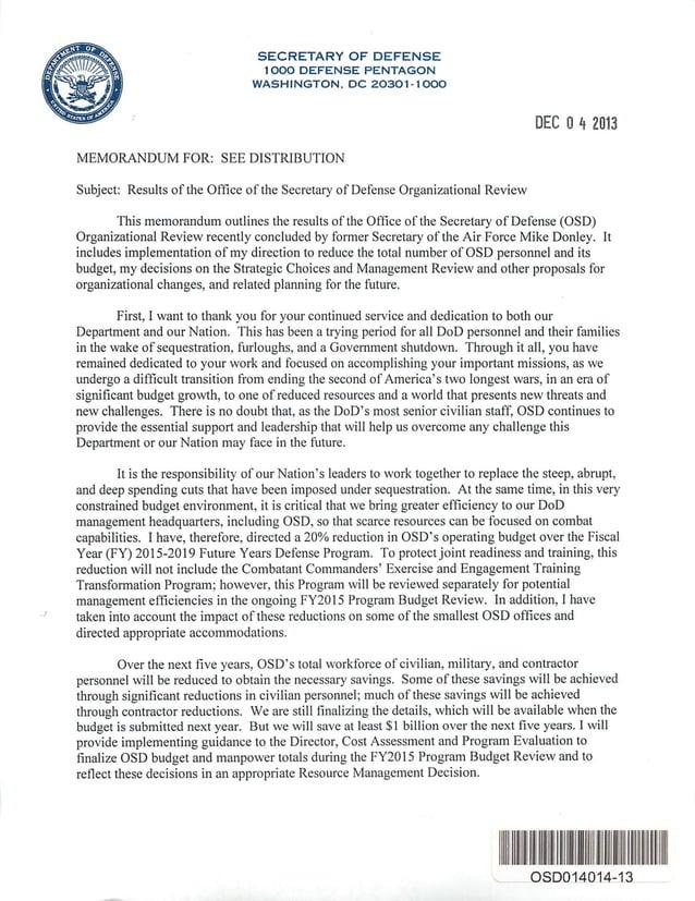SECDEF memo on DOD Org Changes Dec 4, 2013 | PDF