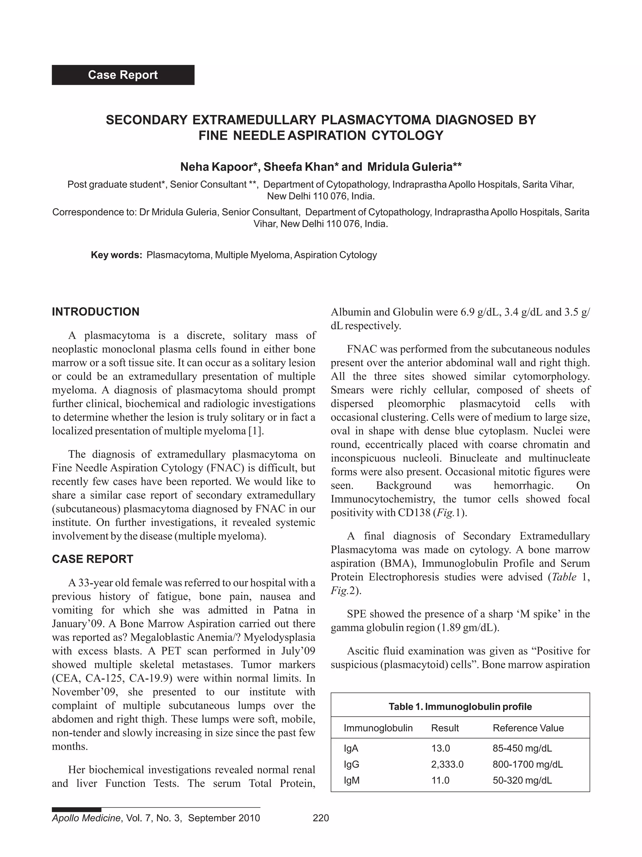 Secondary Extramedullary Plasmacytoma Diagnosed by Fine Needle ...
