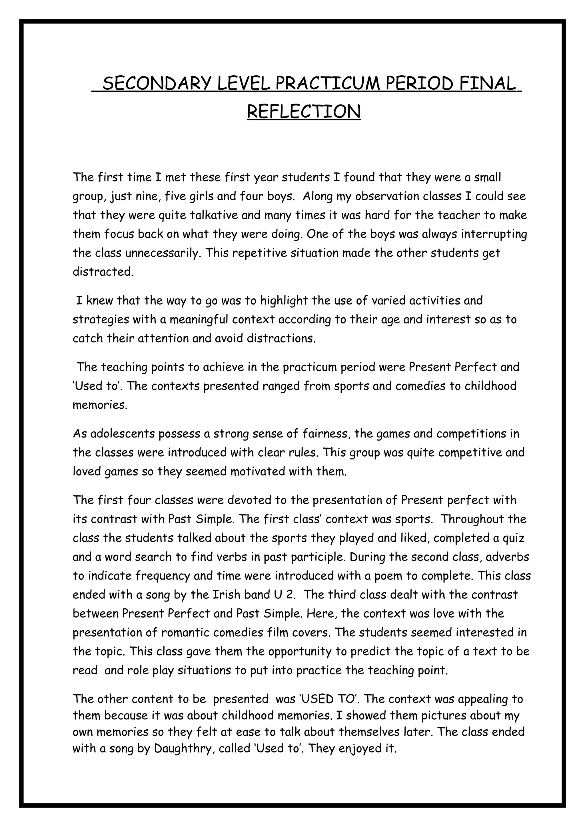 Secondary level practicum period final reflection | PDF