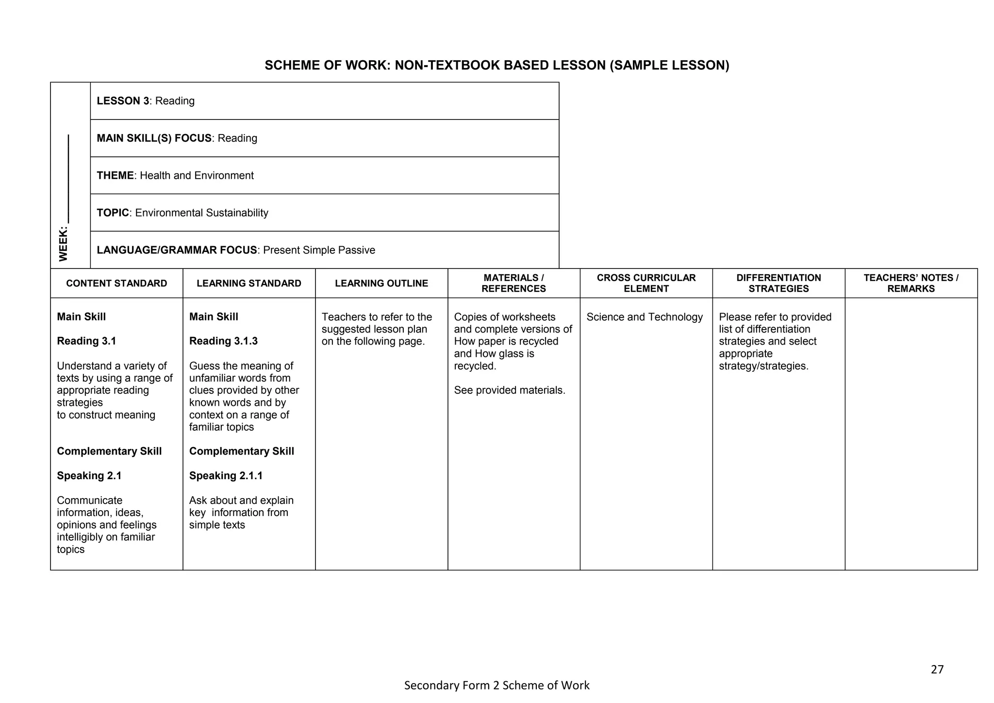 scheme of work English form 2 | PDF
