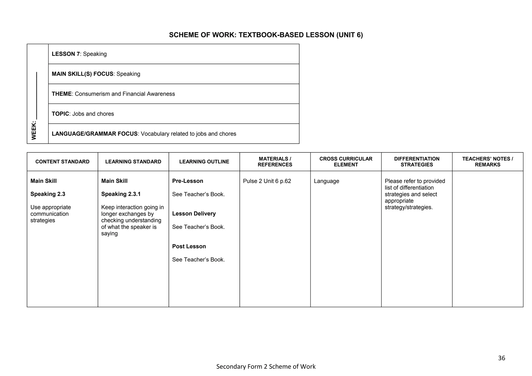 scheme of work English form 2 | PDF