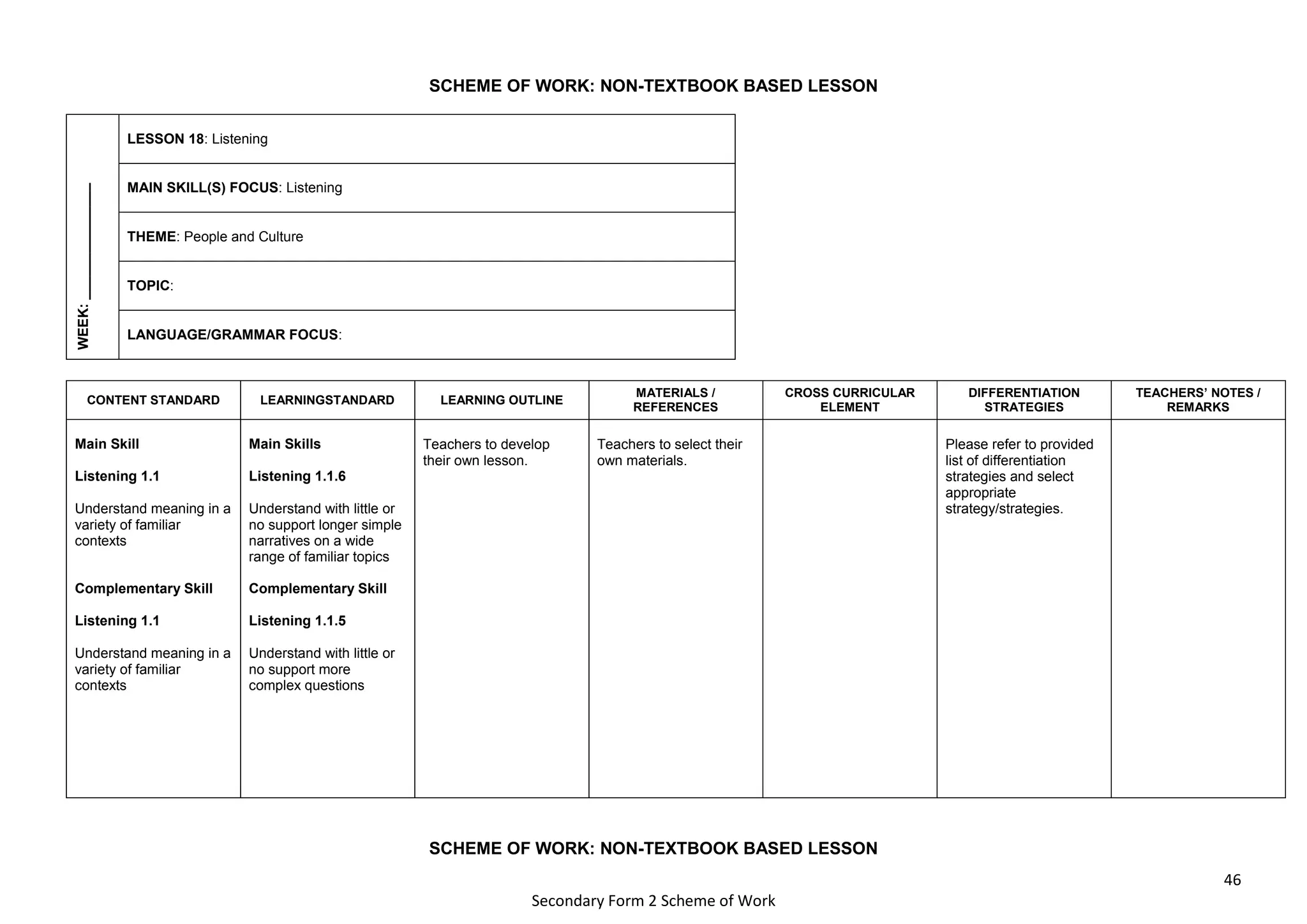 scheme of work English form 2 | PDF
