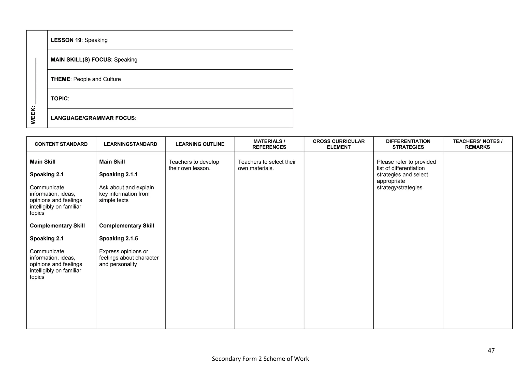 scheme of work English form 2 | PDF