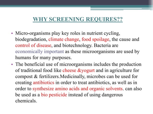 Secondary screening of industrial important microbes | PPTX | Chemistry | Science