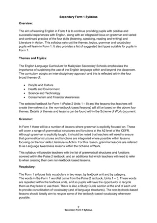 Secondary Syllabus English KSSM Form One | PDF
