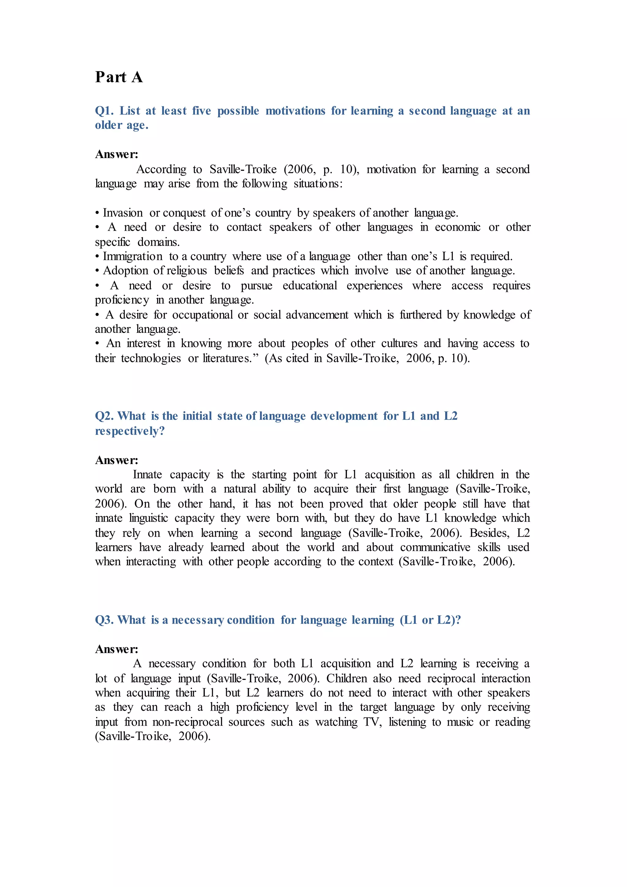 Second language acquisition (question and answers) | DOCX