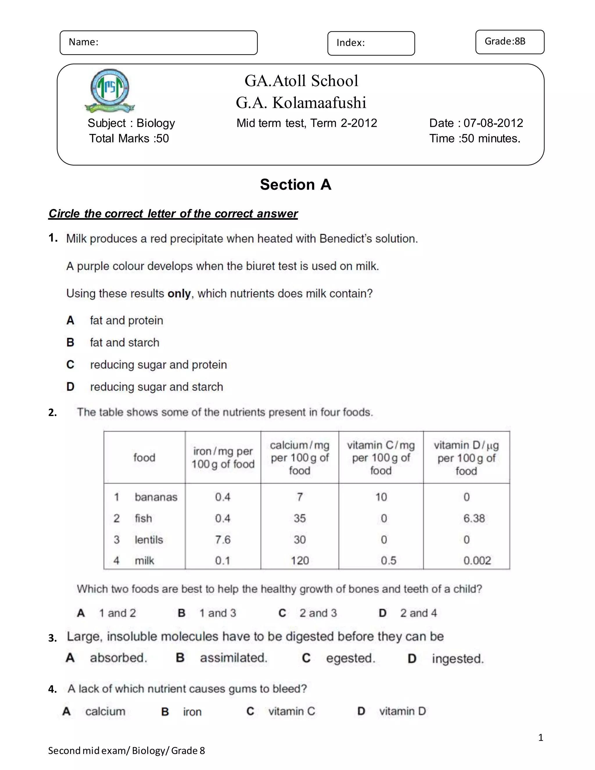Second mid exam 2012 bio grade 8 | DOCX