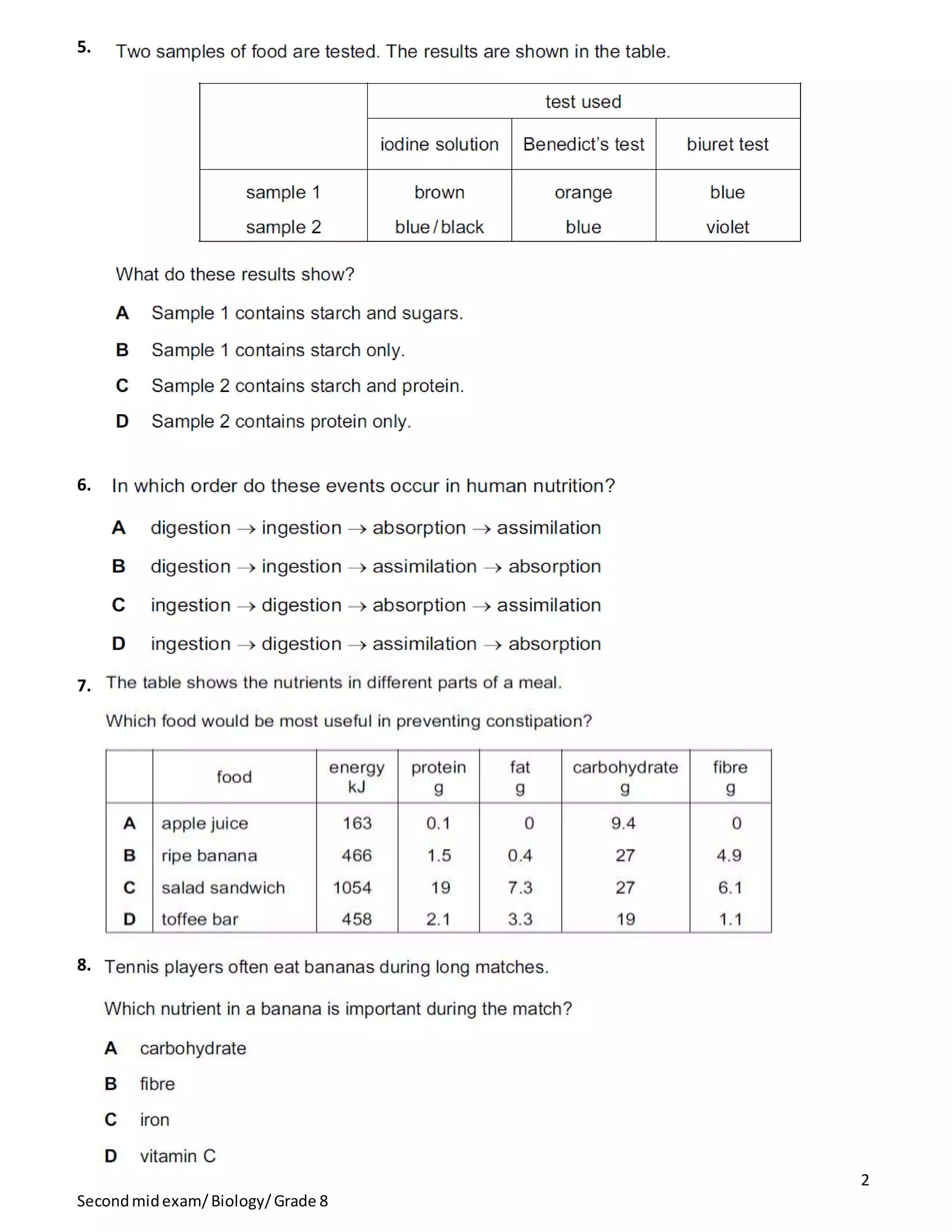 Second mid exam 2012 bio grade 8 | DOCX