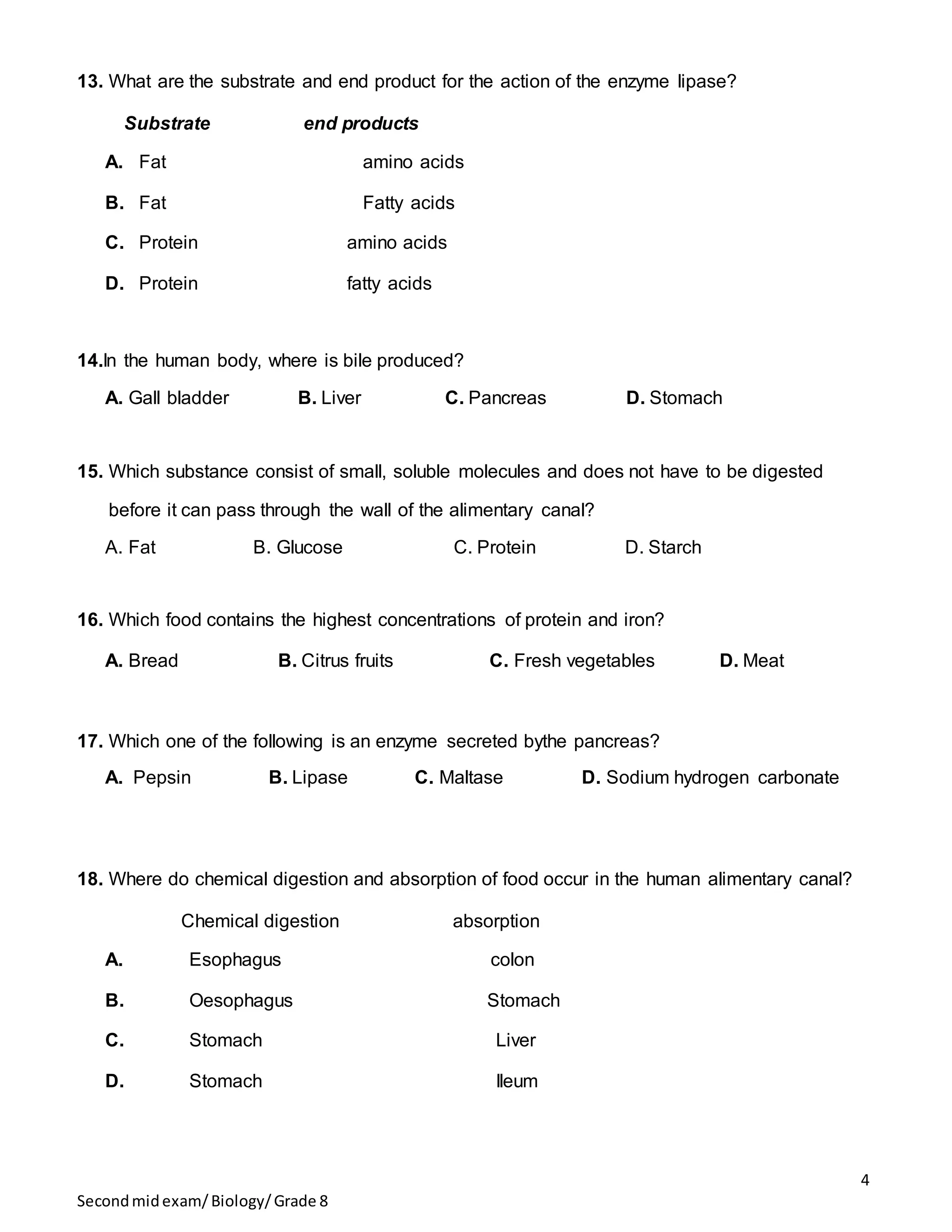 Second mid exam 2012 bio grade 8 | DOCX