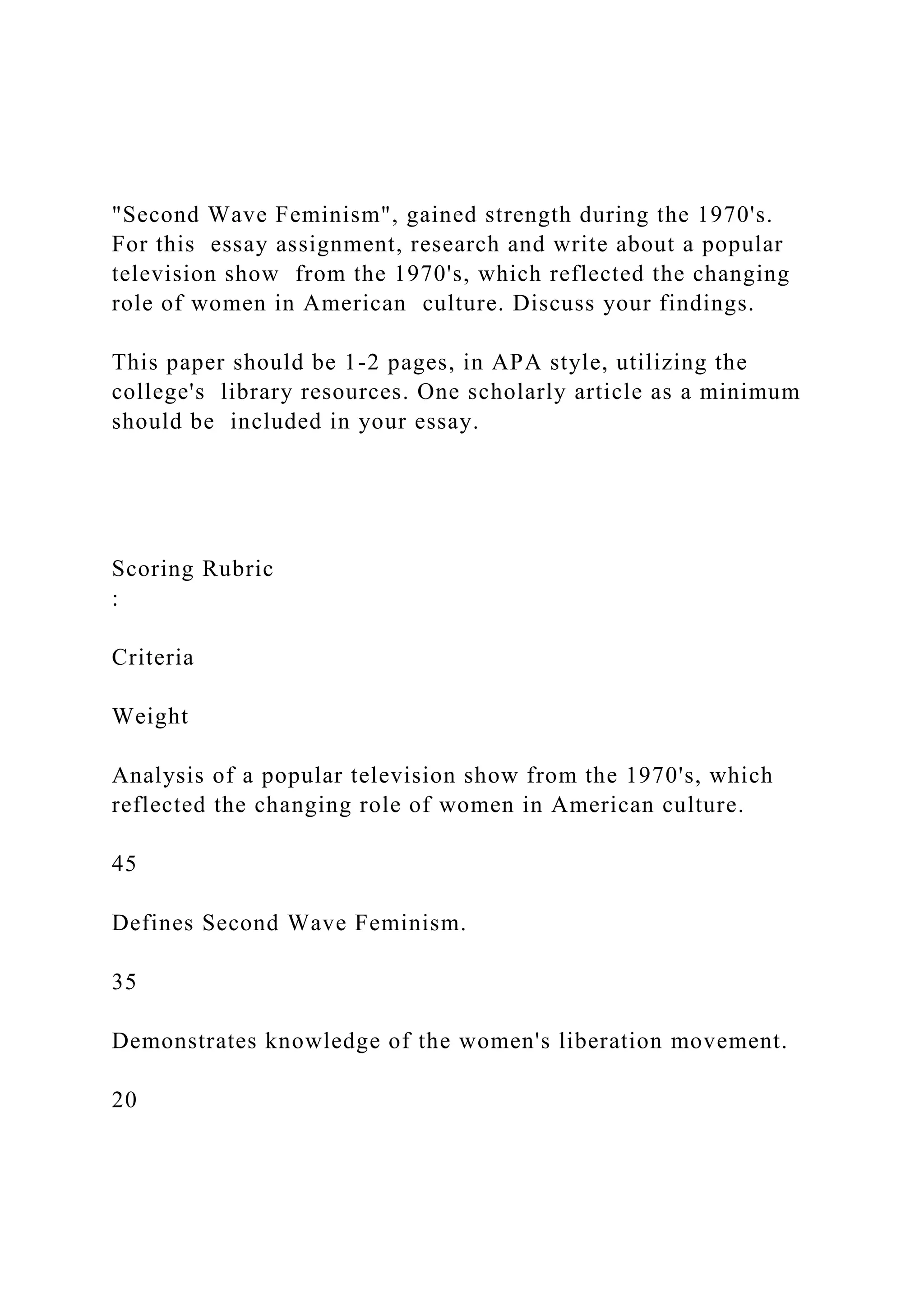 Second Wave Feminism, gained strength during the 1970s. For t.docx