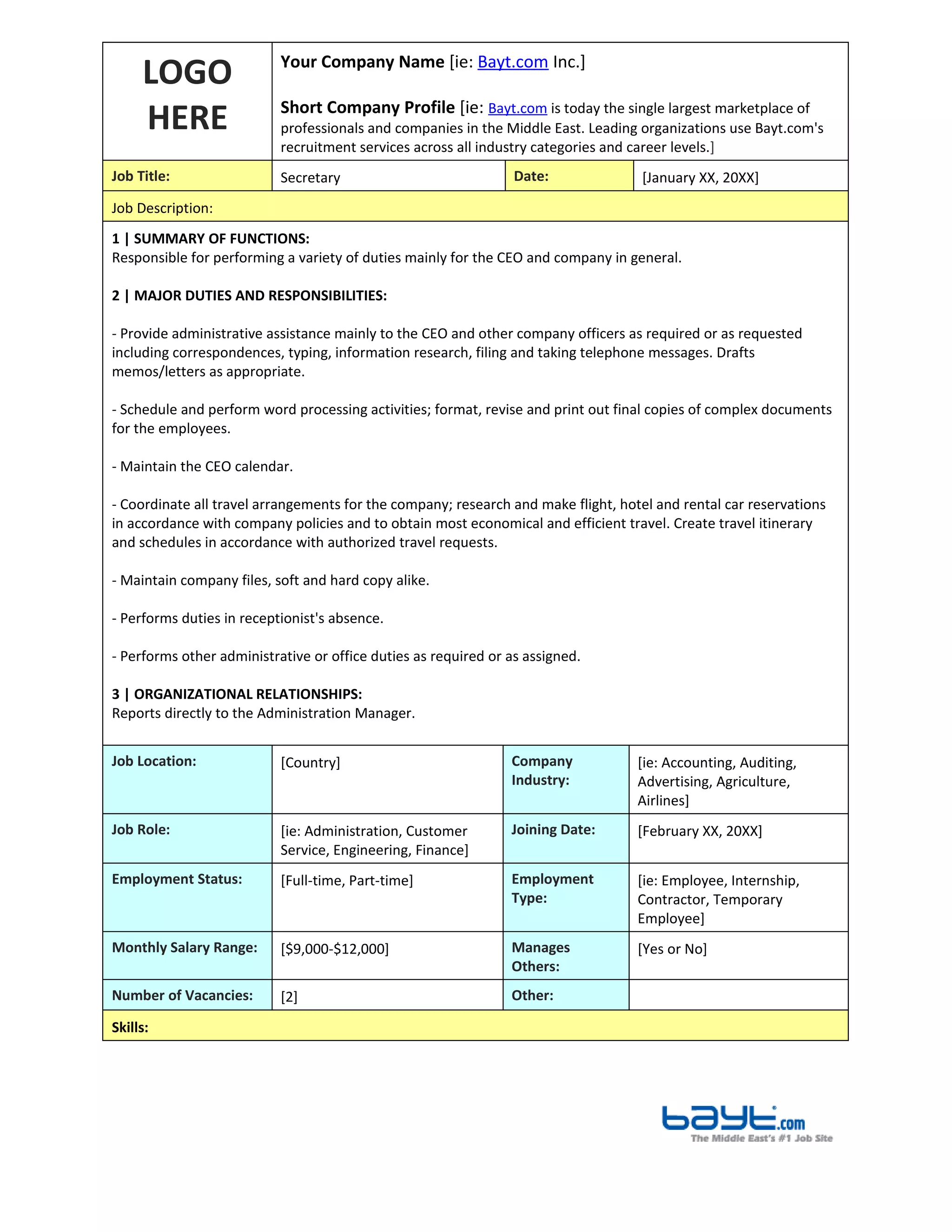 Secretary Job Description Template by Bayt.com