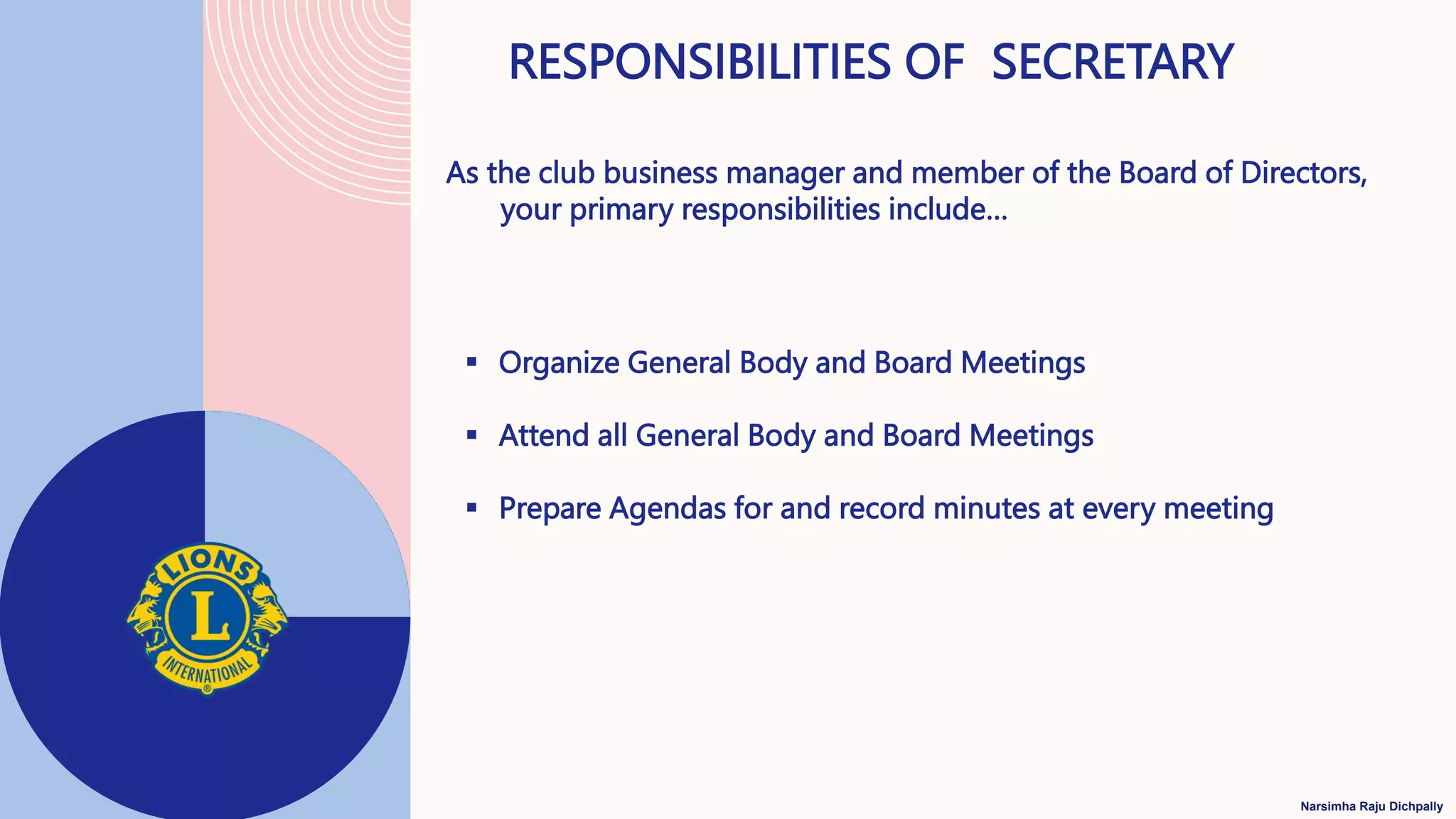 Secretary Role and Responsibilities 320B from Narsimha Raju Dichpally.ppt | Free Download