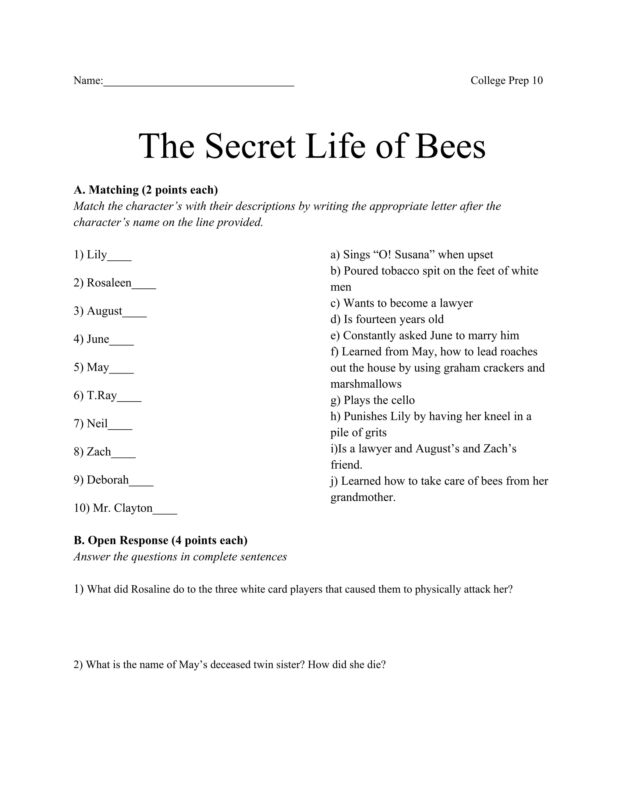 Secret Life Of Bees Test | DOC