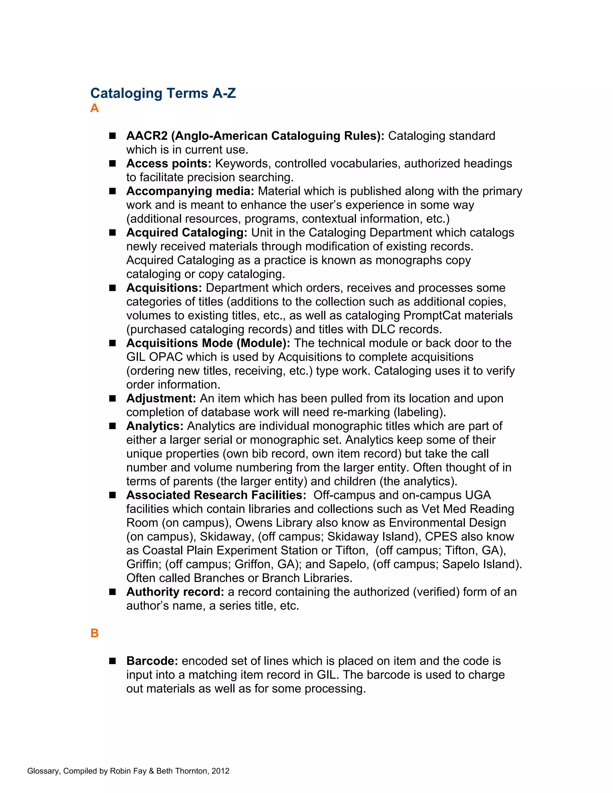 Secrets/ Cataloging Glossary & Handout Packet | DOC