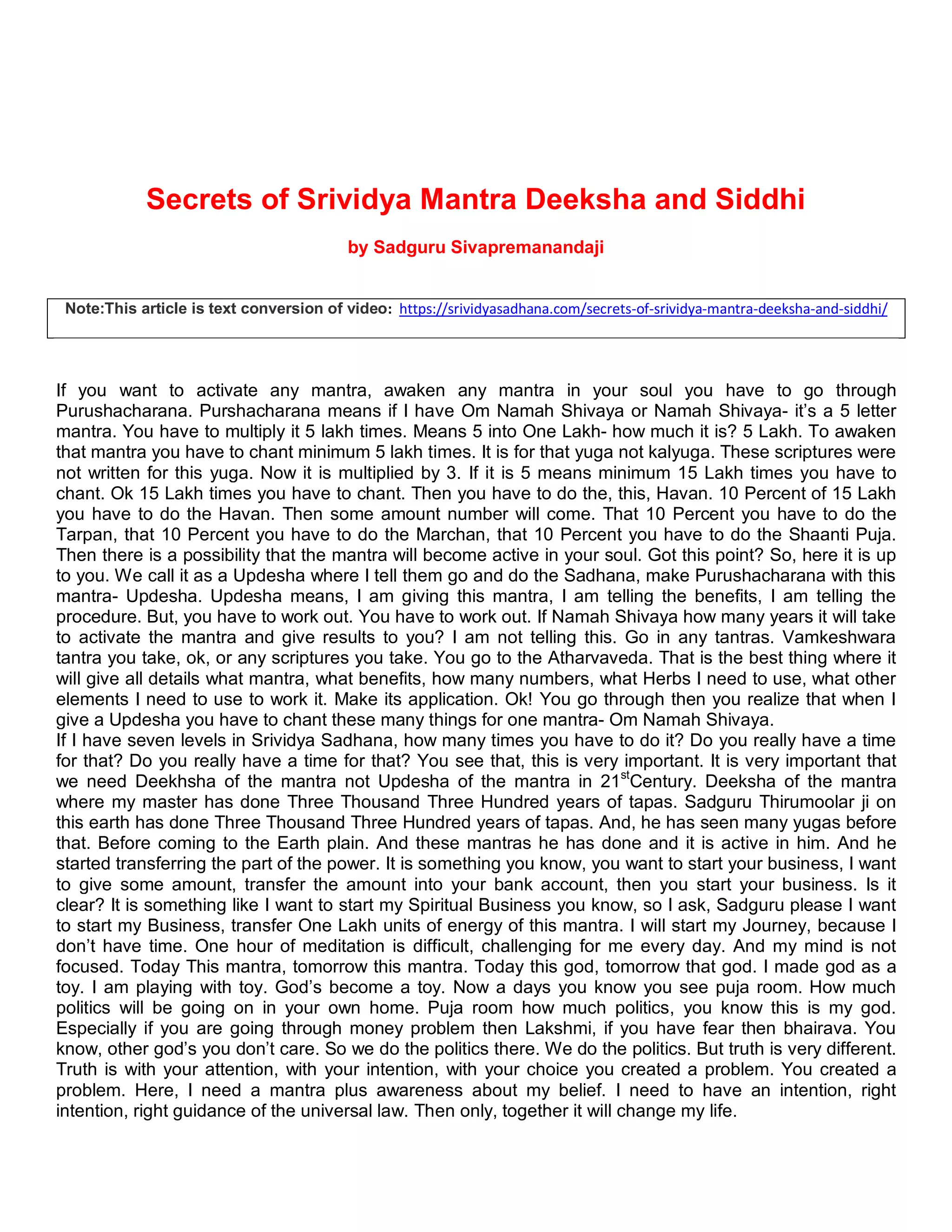 Secrets of srividya mantra deeksha and siddhi - by Sri Sadguru Sivapremanandaji | PDF