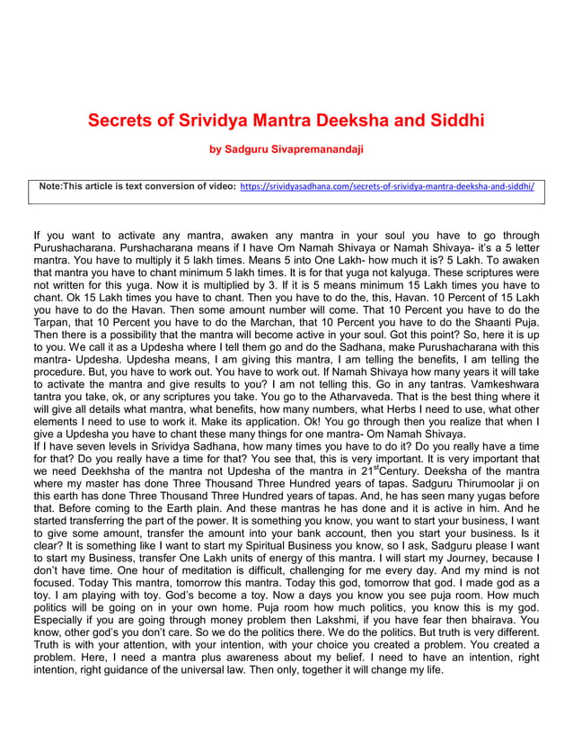 Secrets of srividya mantra deeksha and siddhi - by Sri Sadguru Sivapremanandaji | PDF