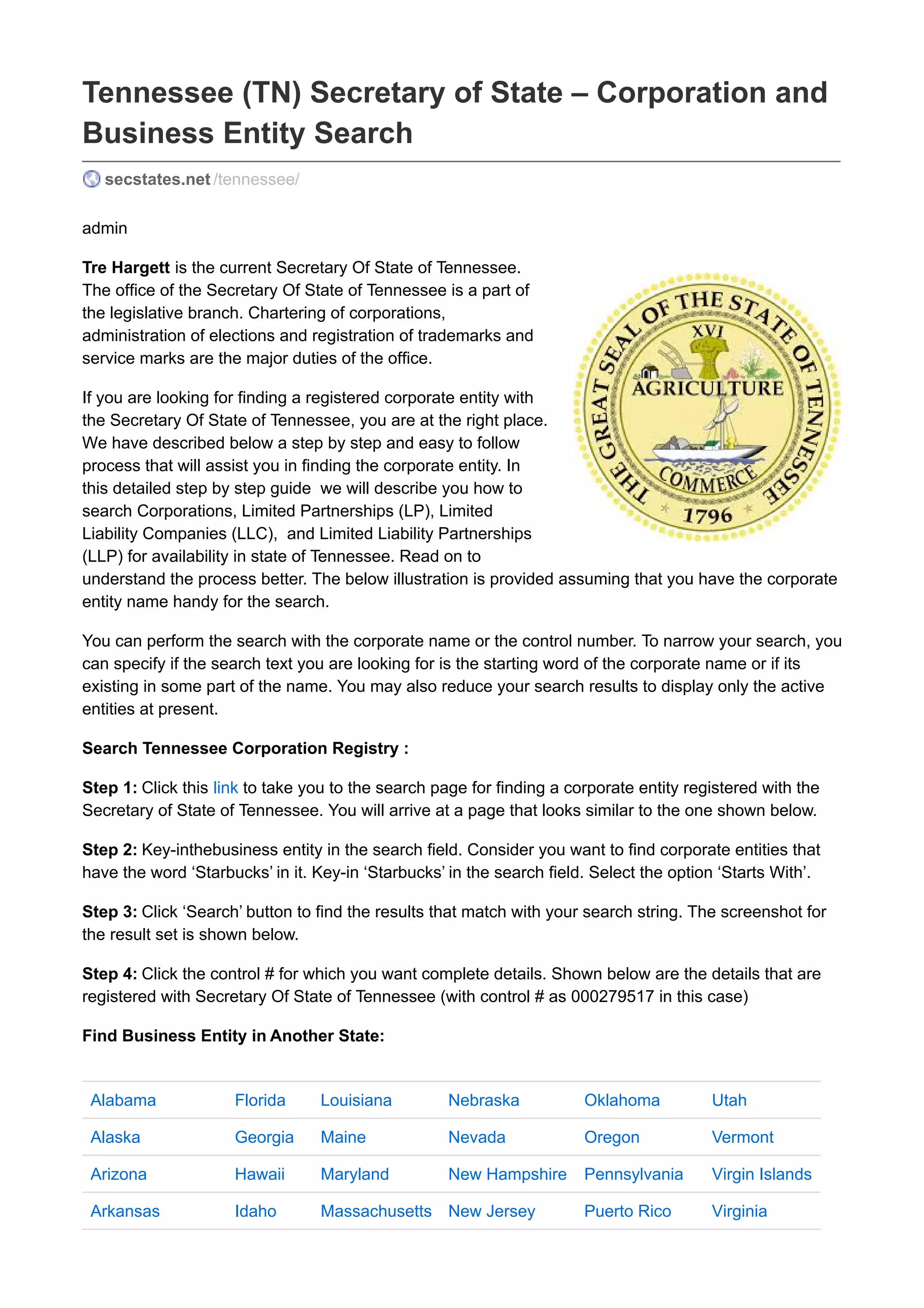 Tennessee (TN) Secretary of State – Corporation and Business Entity ...