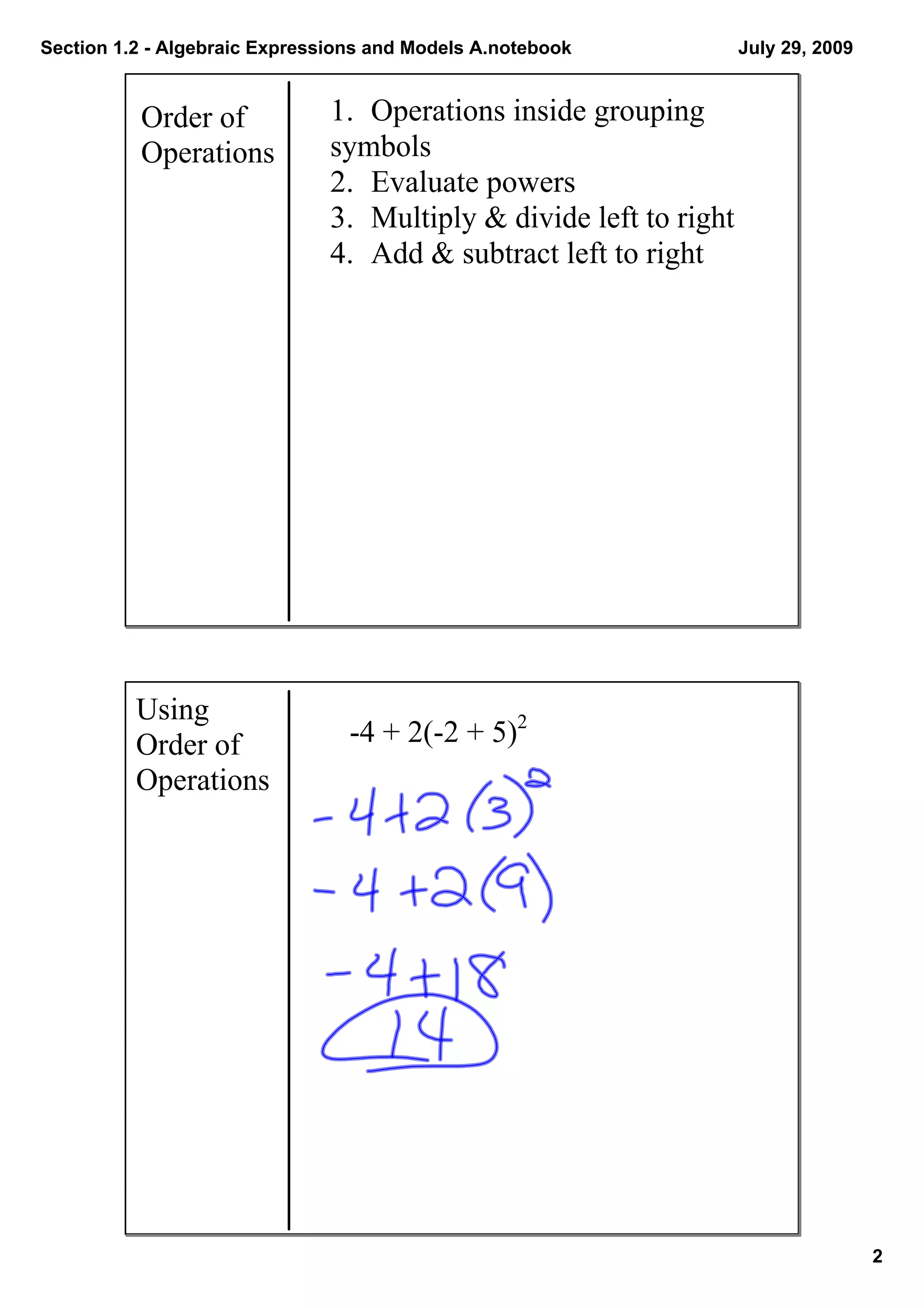Section 1.2 Algebraic Expressions And Models A | PDF