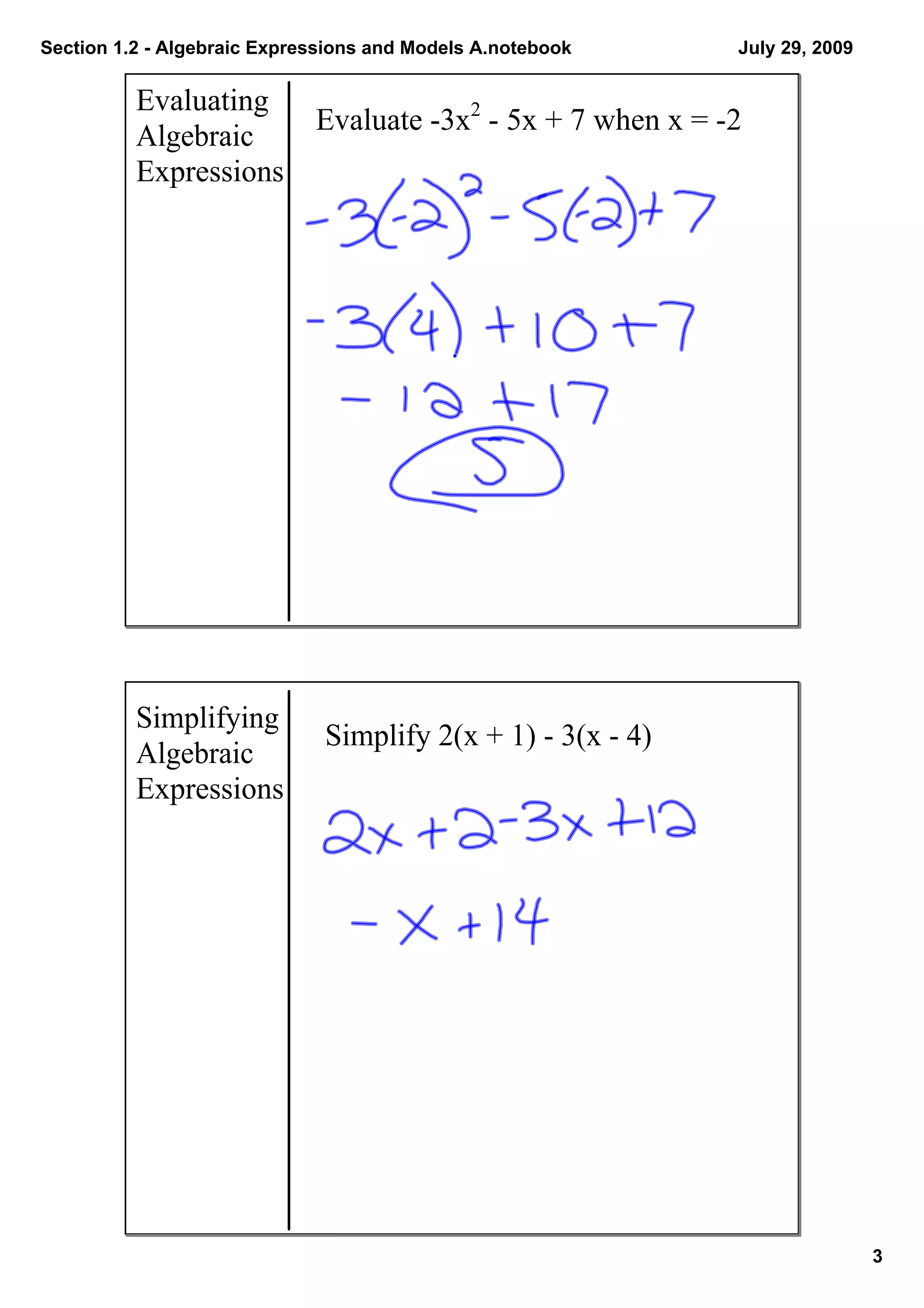 Section 1.2 Algebraic Expressions And Models A | PDF