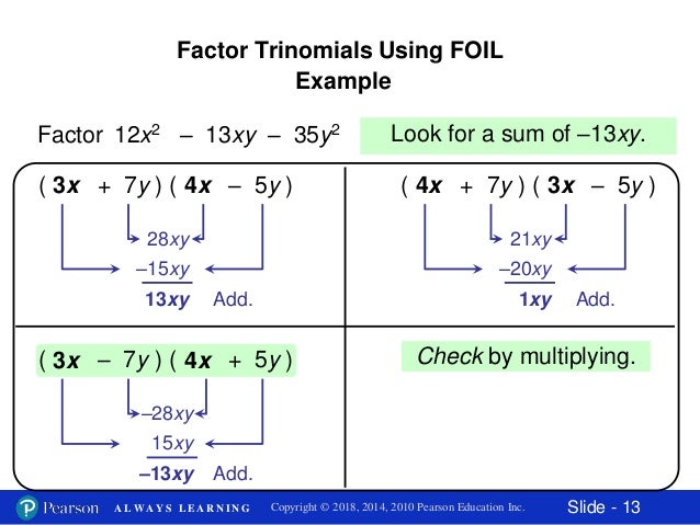 Section 13.4 factoring trinomials using the foil method