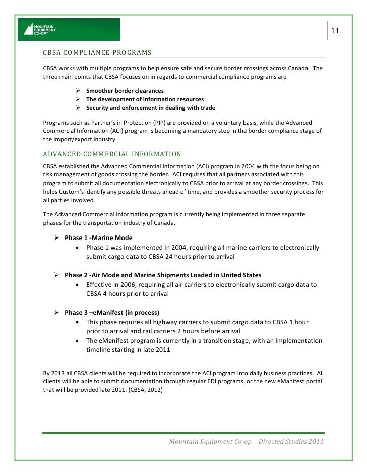 CBSA COMPLIANCE REPORT