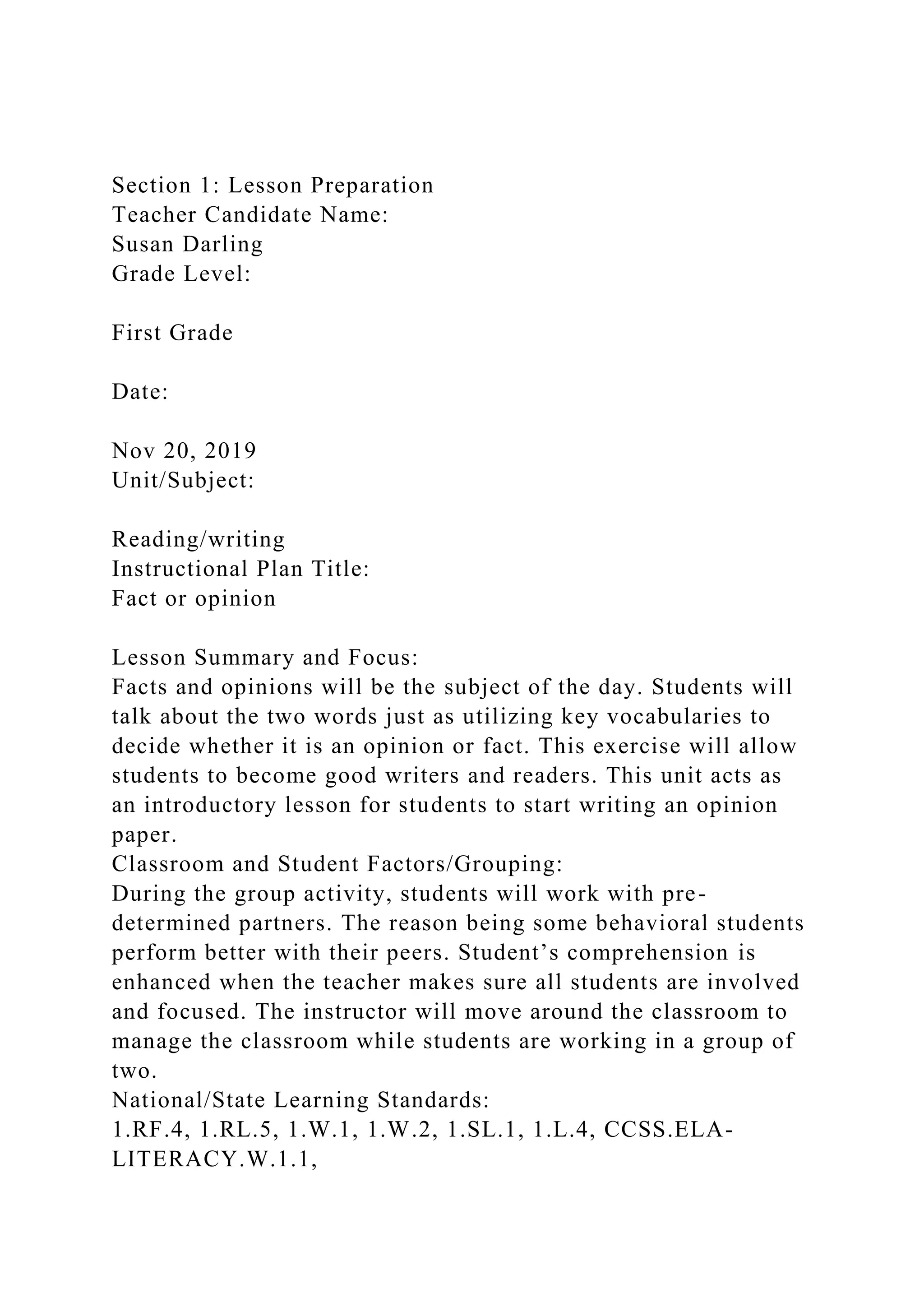 Section 1 Lesson PreparationTeacher Candidate Name Susan Dar.docx ...
