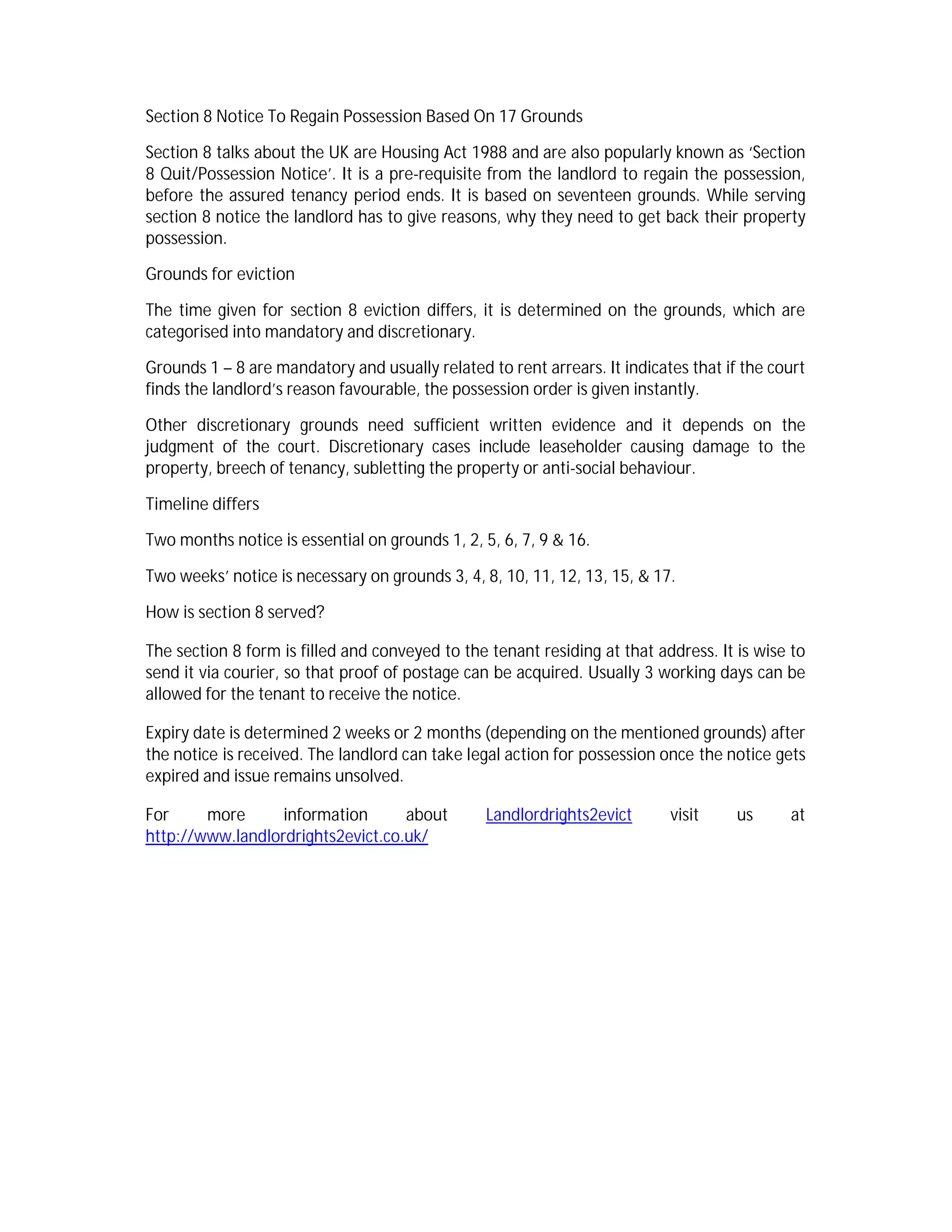 Section 8 notice to regain possession based on 17 grounds | PDF