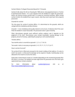 Section 8 notice to regain possession based on 17 grounds | PDF