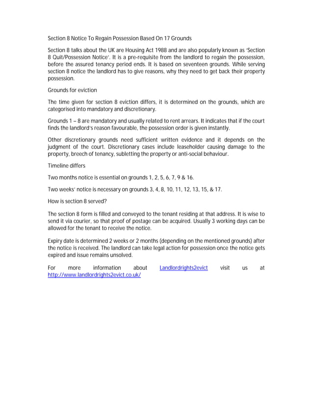 Section 8 notice to regain possession based on 17 grounds | PDF