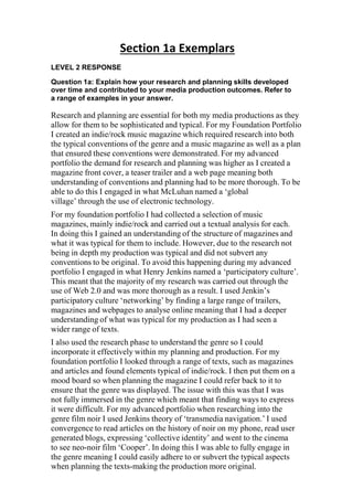 Section a, q 1a and 1b exemplars | DOCX | Music | Entertainment