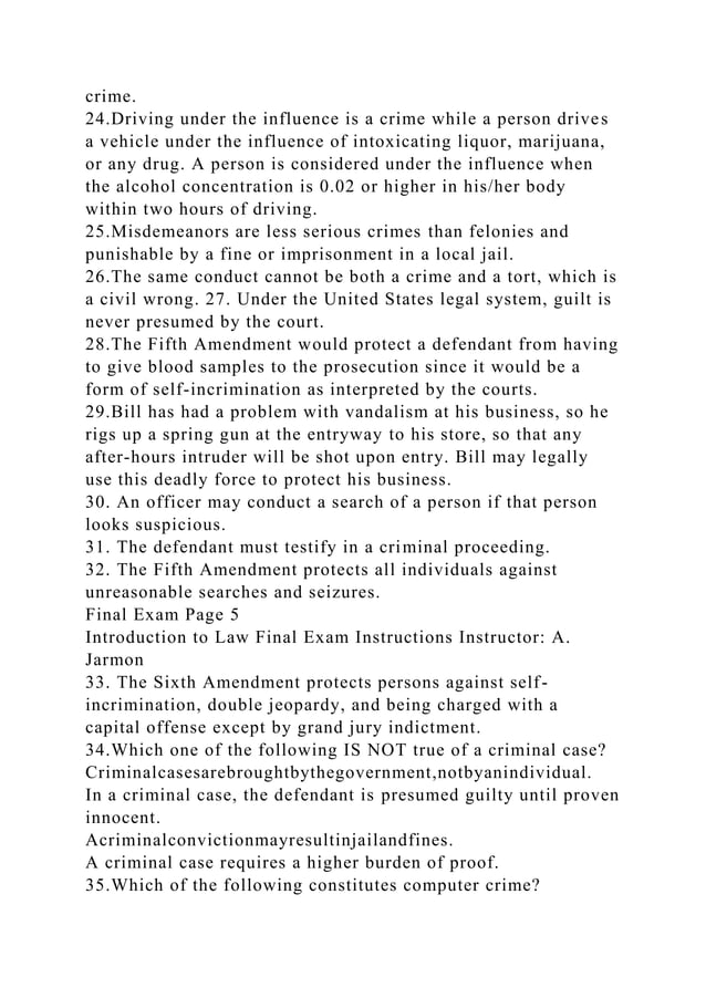 SECTION IIntroduction to Law Final Exam Instructions Instructor A.docx | Crime & Harmful Acts to ...
