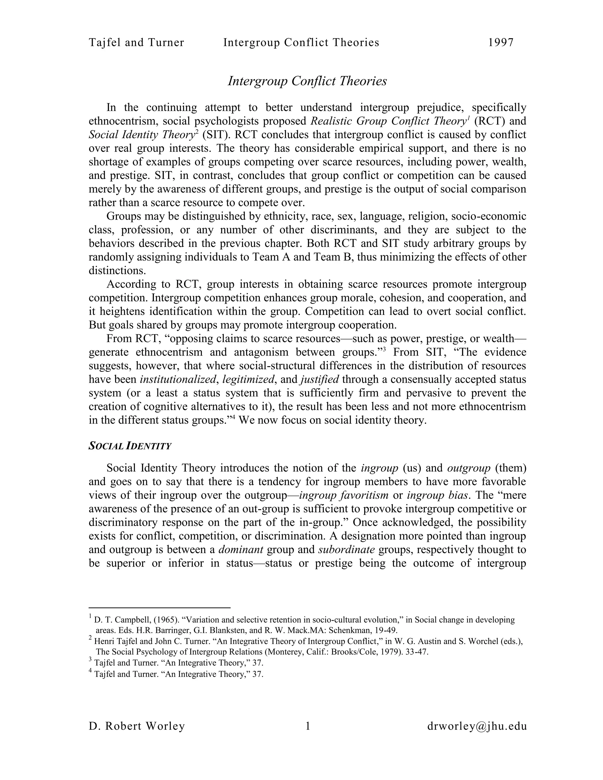 SectionIntergroupConflictTheories by Tajfel and Turner | PDF