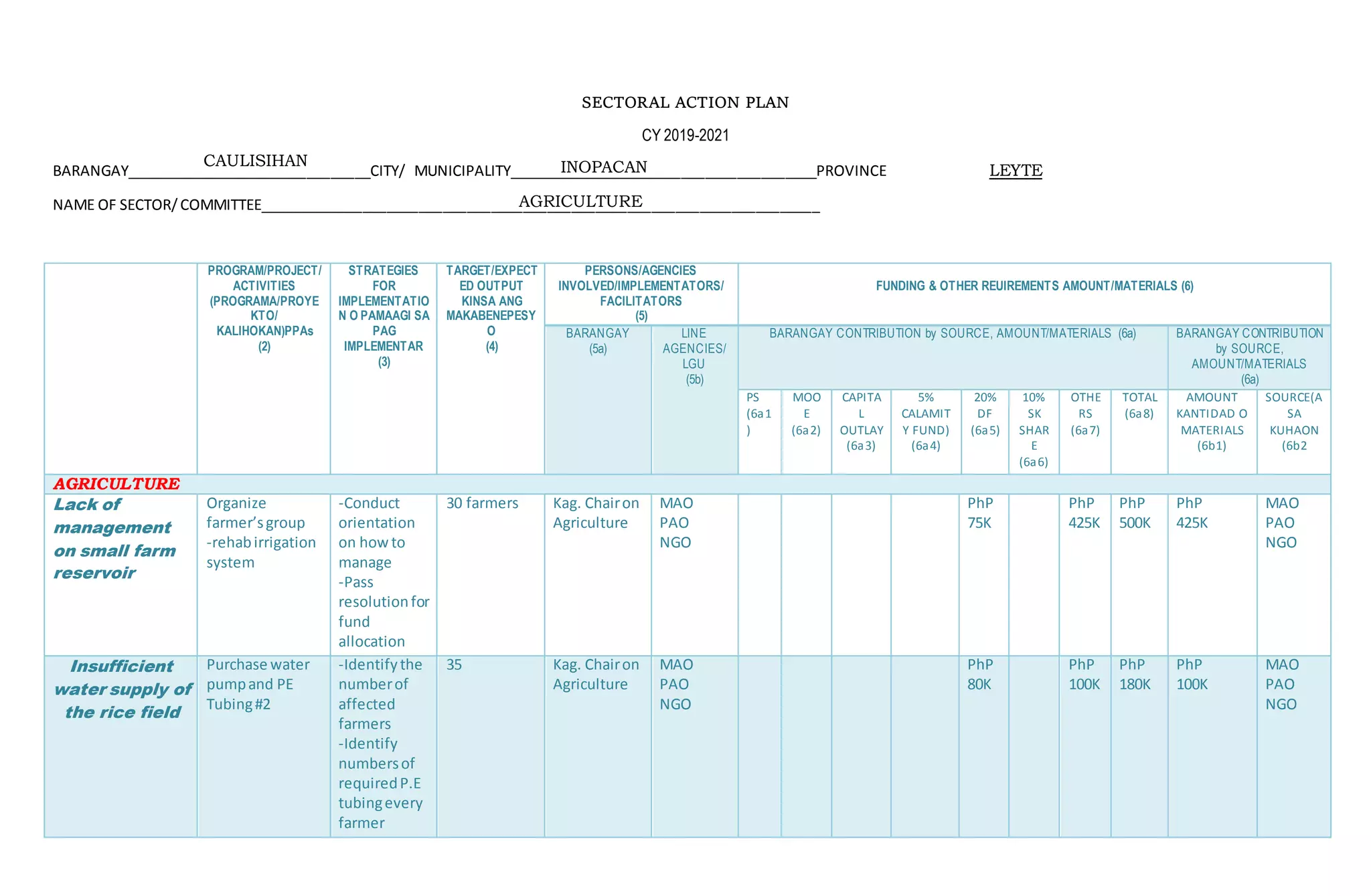 Sectoral plan 2019 2021@brgy.caul