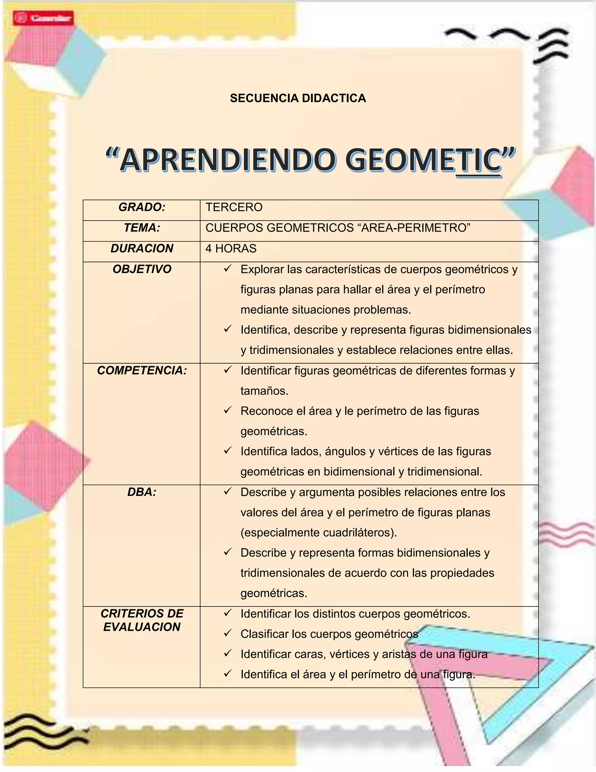 SECUENCIA DIDACTICA CUERPOS GEOMÉTRICOS"ÁREA Y PERÍMETRO" | DOCX