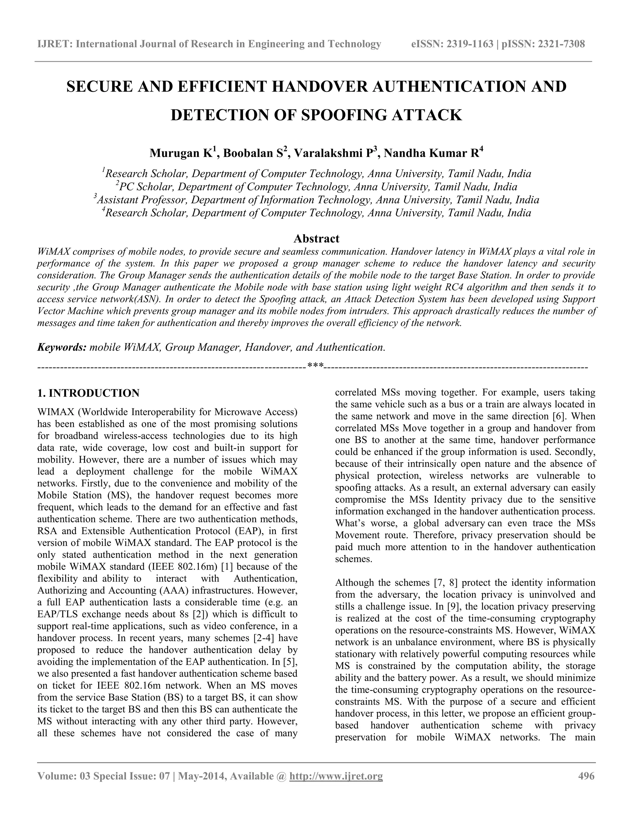 Secure And Efficient Handover Authentication And Detection Of Spoofing Attack Pdf