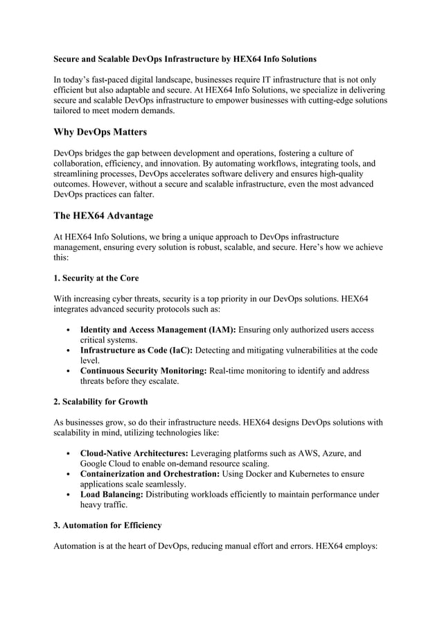 Secure and Scalable DevOps Infrastructure by HEX64 Info Solutions | PDF