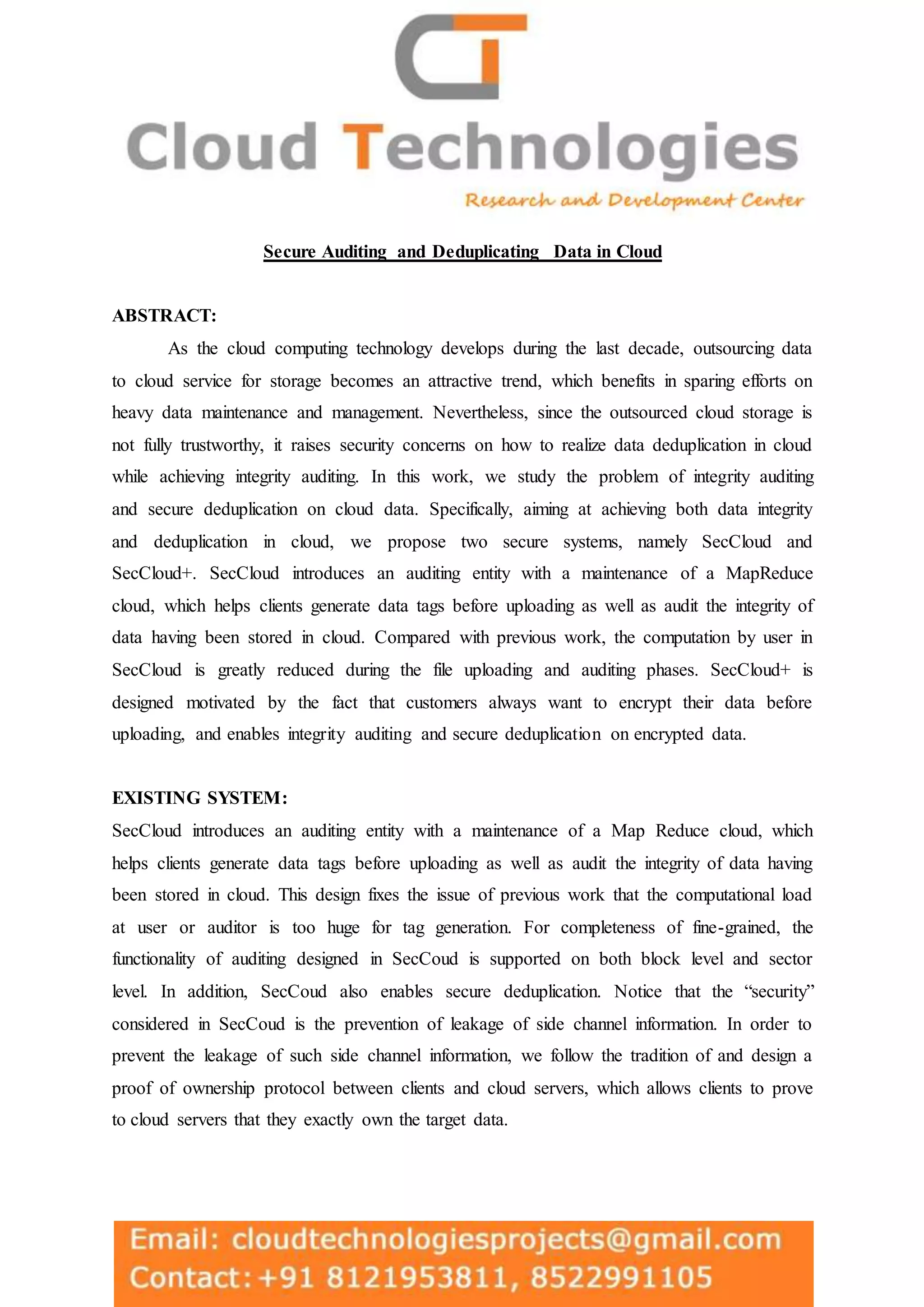 Secure Auditing And Deduplicating Data In Cloud Pdf