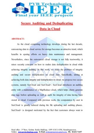 Secure auditing and deduplicating data in cloud | PDF